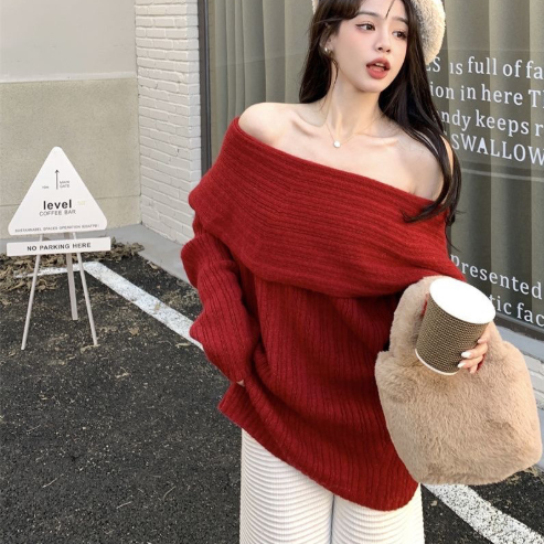 Mqtime Vintage Red Off Shoulder Sweater For Women Elegant Slash Neck F ...